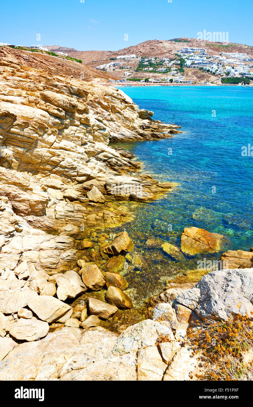 in greece the mykonos island rock sea and beach sky Stock Photo - Alamy