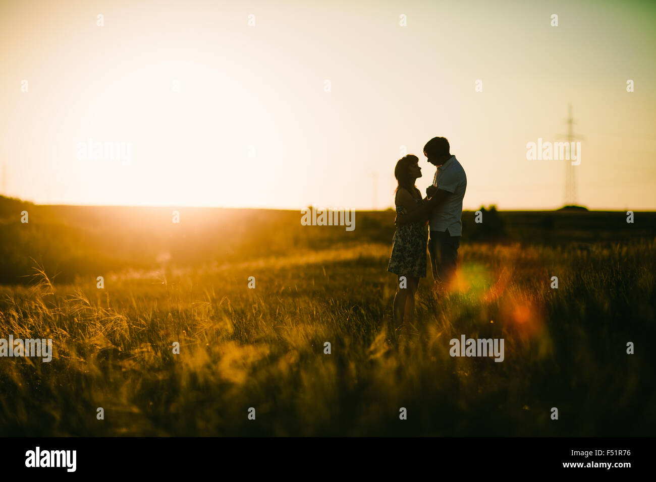 Romantic couple standing and kissing on background summer meadow sunset Stock Photo - Alamy
