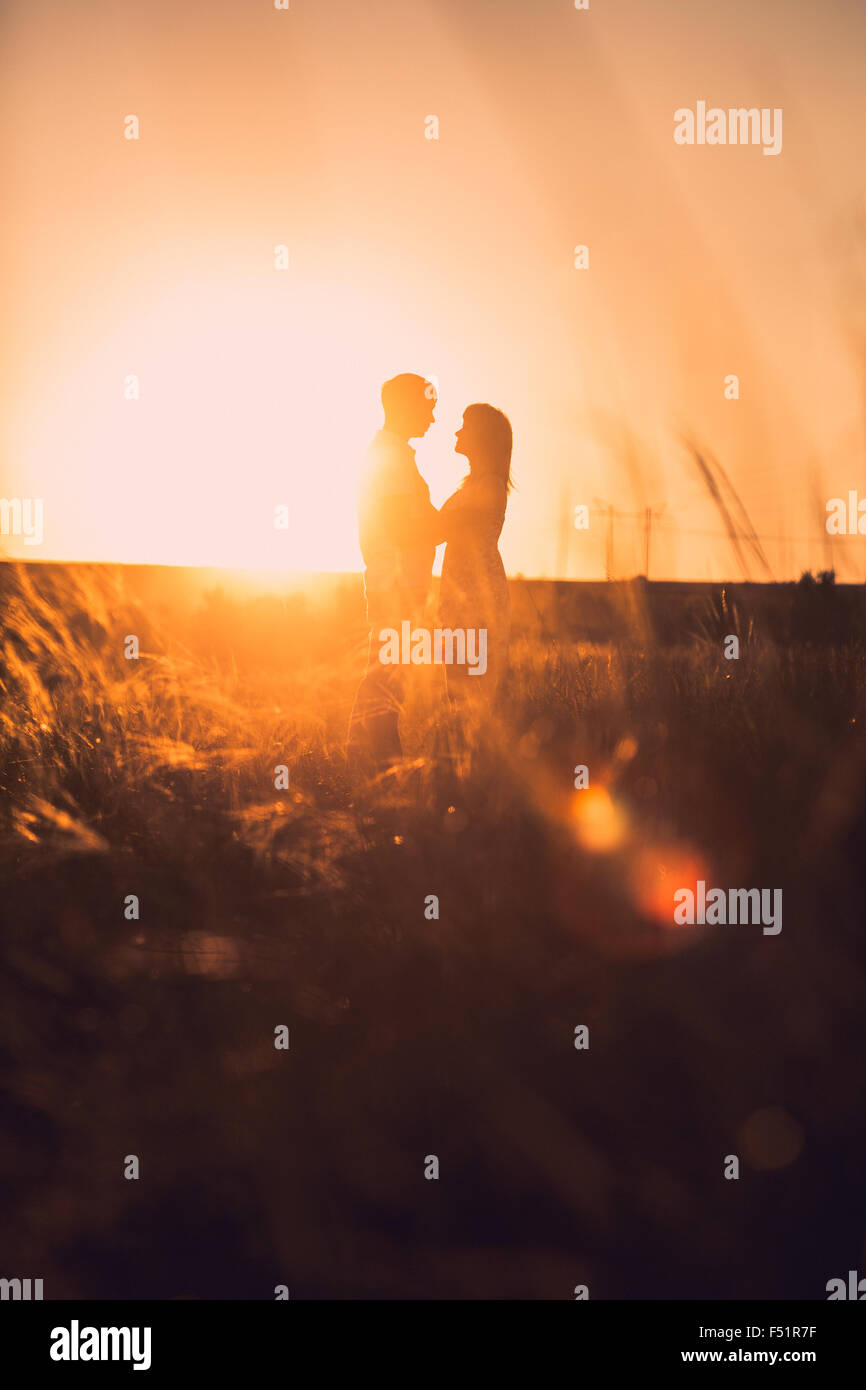Romantic couple standing and kissing on background summer meadow sunset Stock Photo - Alamy