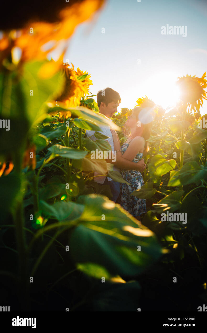 Romantic couple standing and kissing on background summer meadow ...