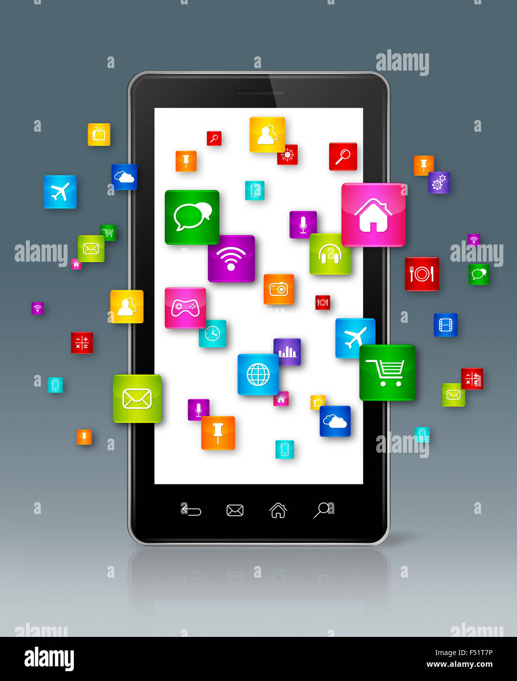 Apps icons flying around Smartphone - grey background Stock Photo - Alamy