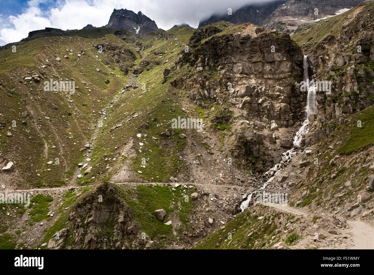 India, Himachal Pradesh, Lahaul Valley, Chhatru, meltwater stream ...