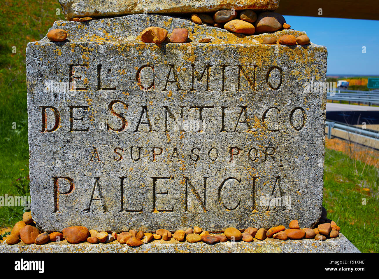 The way of saint James stone sign Palencia Spain Stock Photo - Alamy
