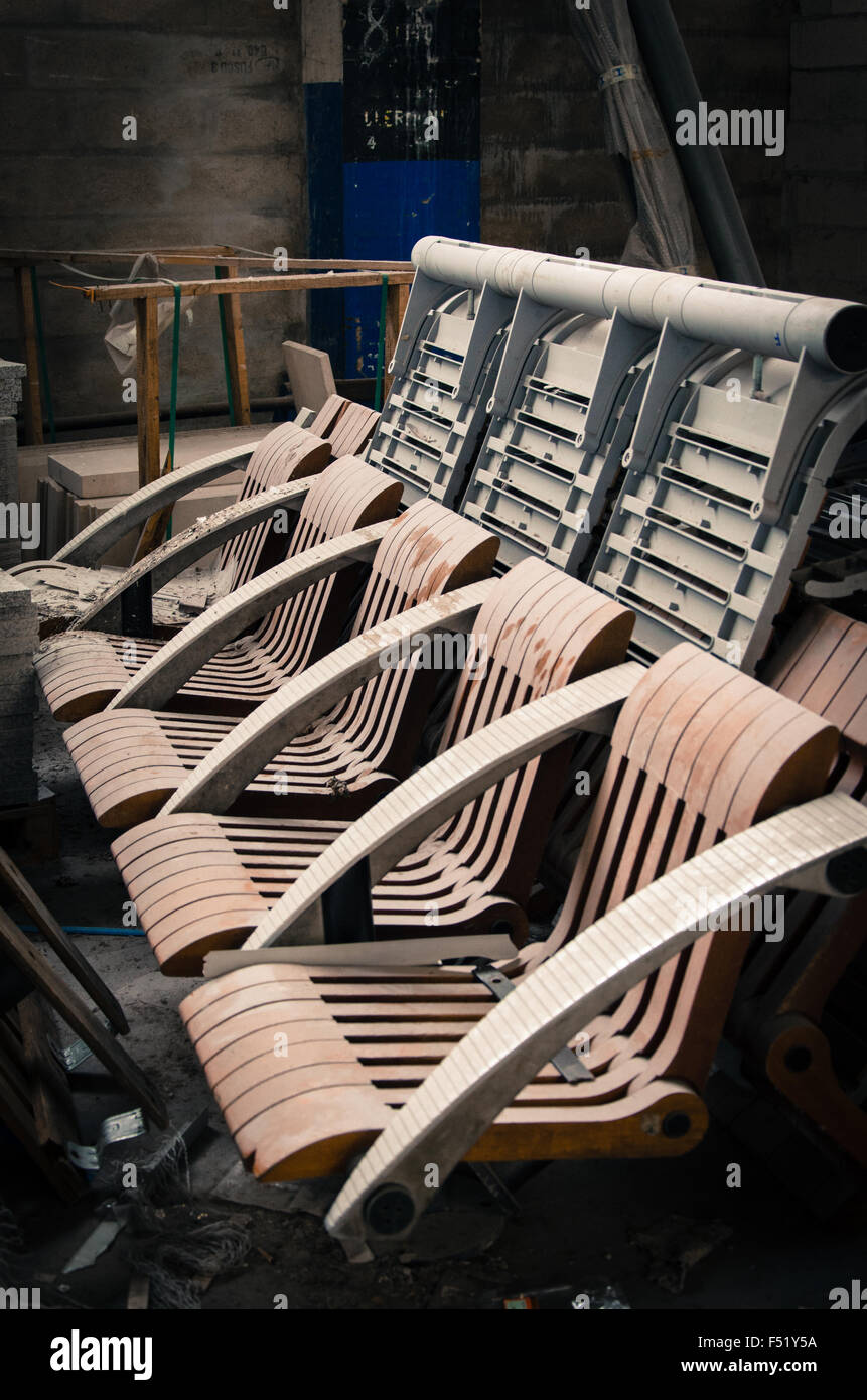 Four abandoned dirty bench of seats with dust Stock Photo - Alamy