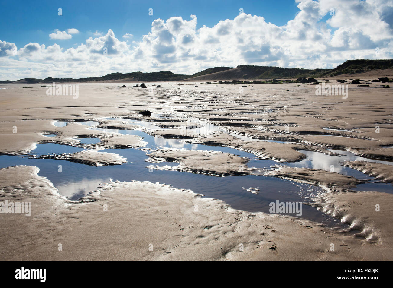 Rippled sand and sea water on a beach at low tide. Scremerston, Berwick ...
