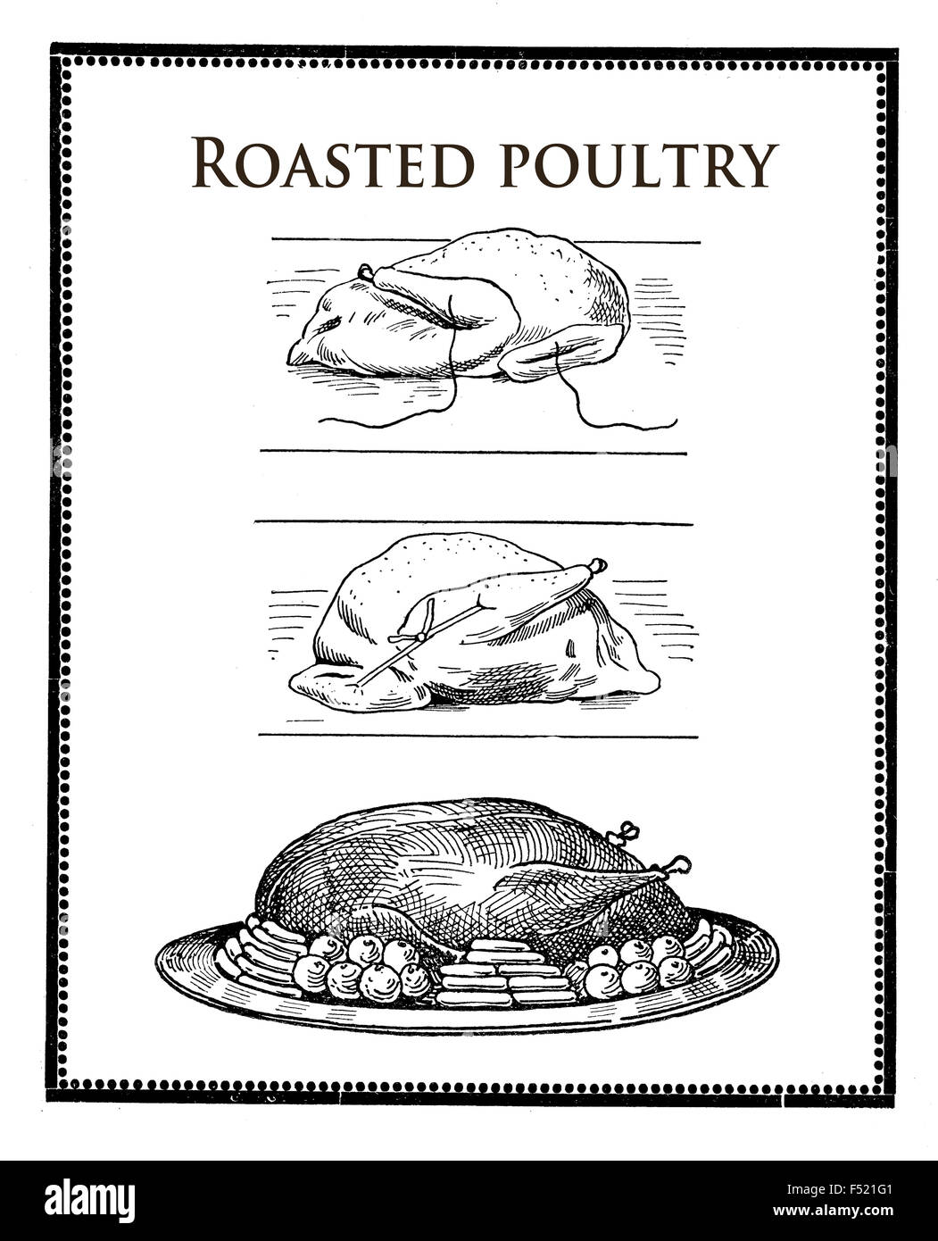 vintage food engravings collage, roasted poultry preparation and table ...