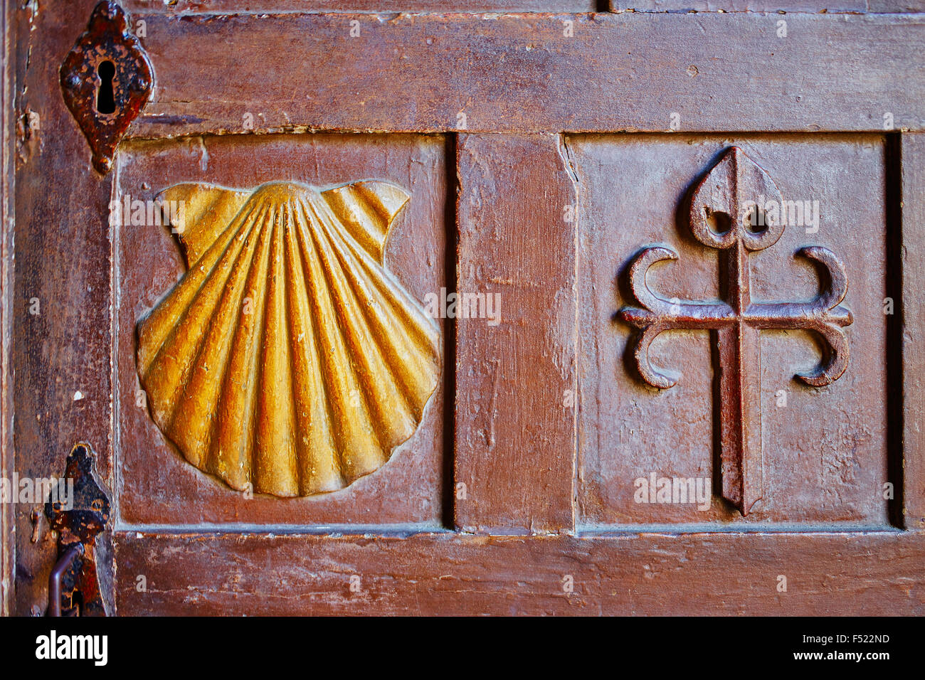 Santiago de Compostela end of Saint James Way carved wood sign in ...