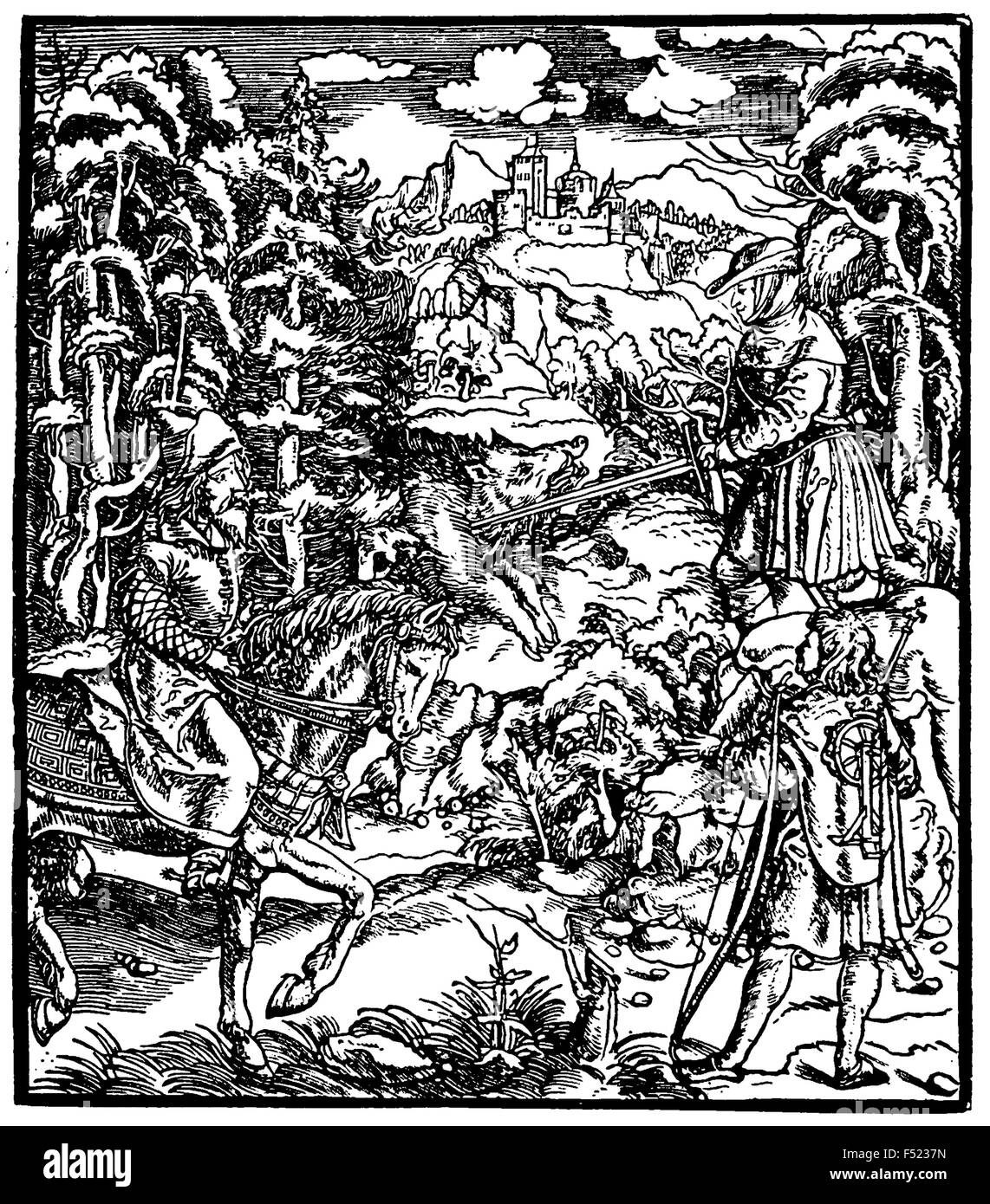 Vintage engraving, medieval boar hunt Stock Photo - Alamy