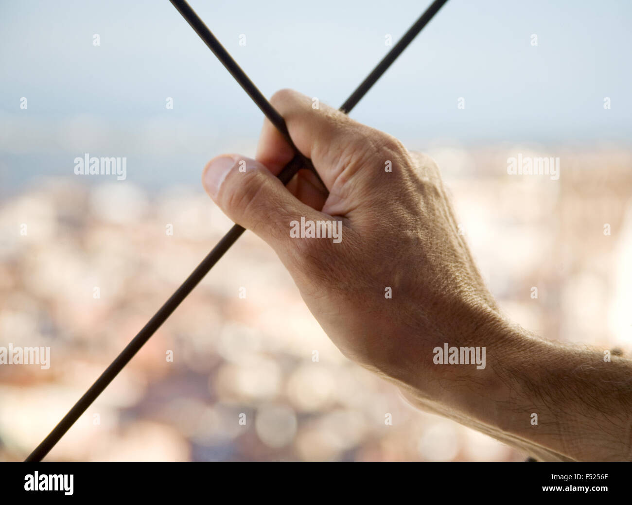 Hand grasping a section of protective wire grille over tower lookout ...