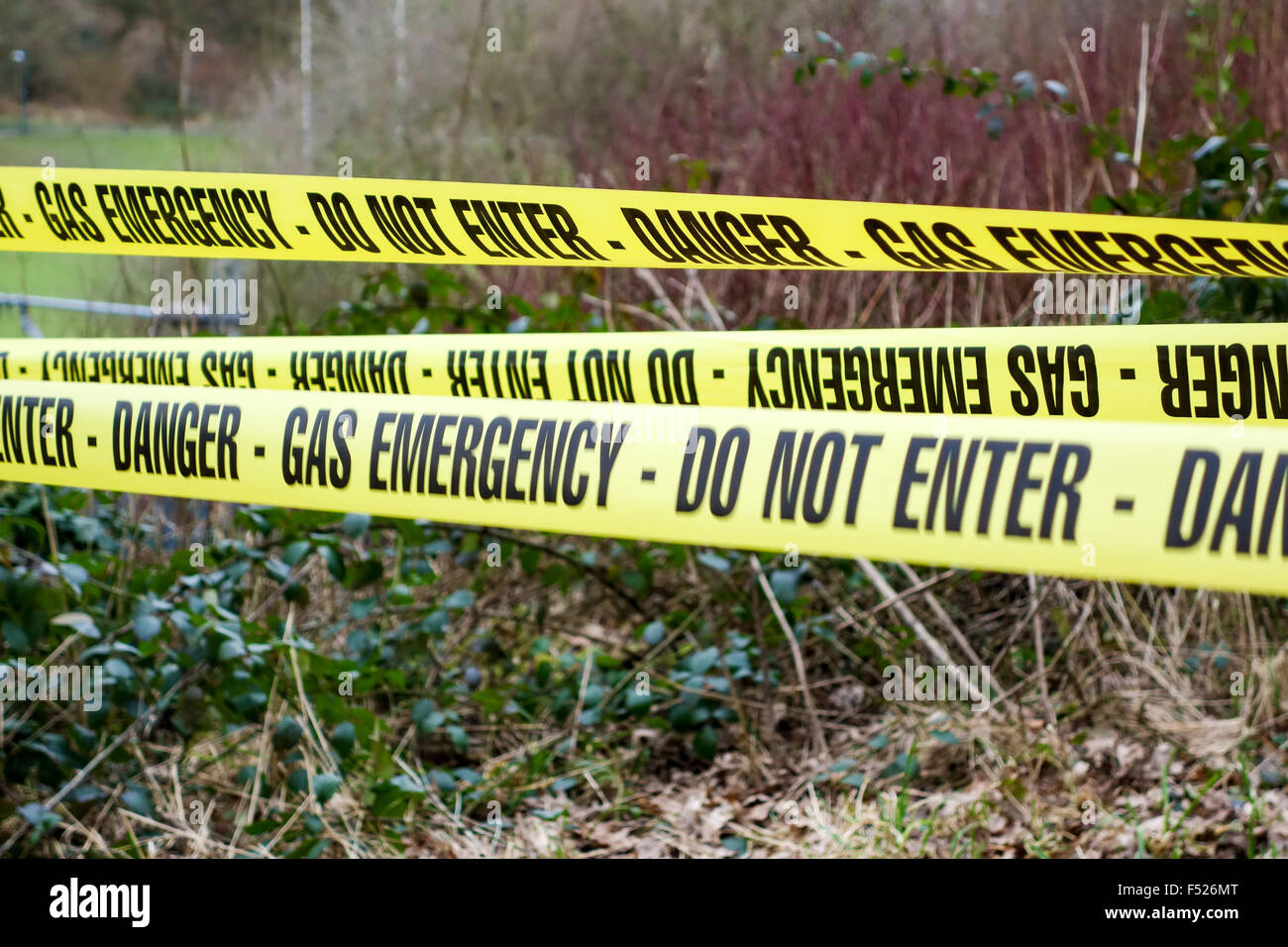 Tape saying 'danger gas emergency do not enter' cordoning off a path ...