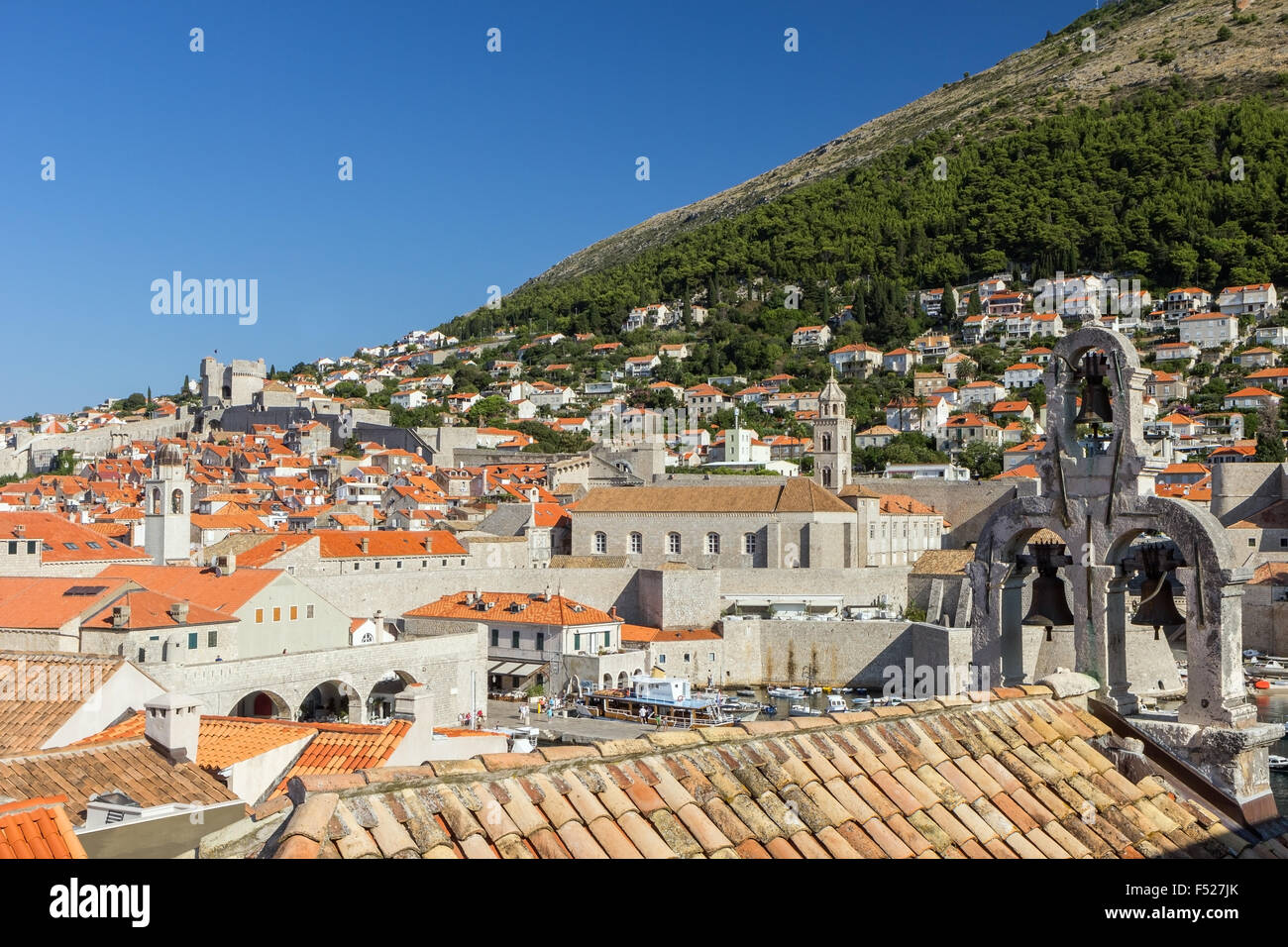 Old Town's skyline and Mount Srd in Dubrovnik, Croatia, with blue sky ...