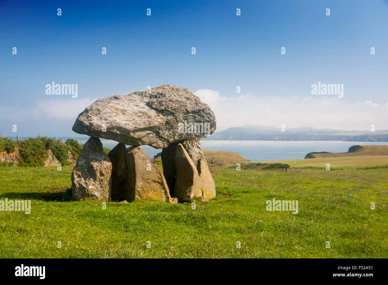 Carreg Samson Chambered burial tomb cromlech or dolmen with coastline ...