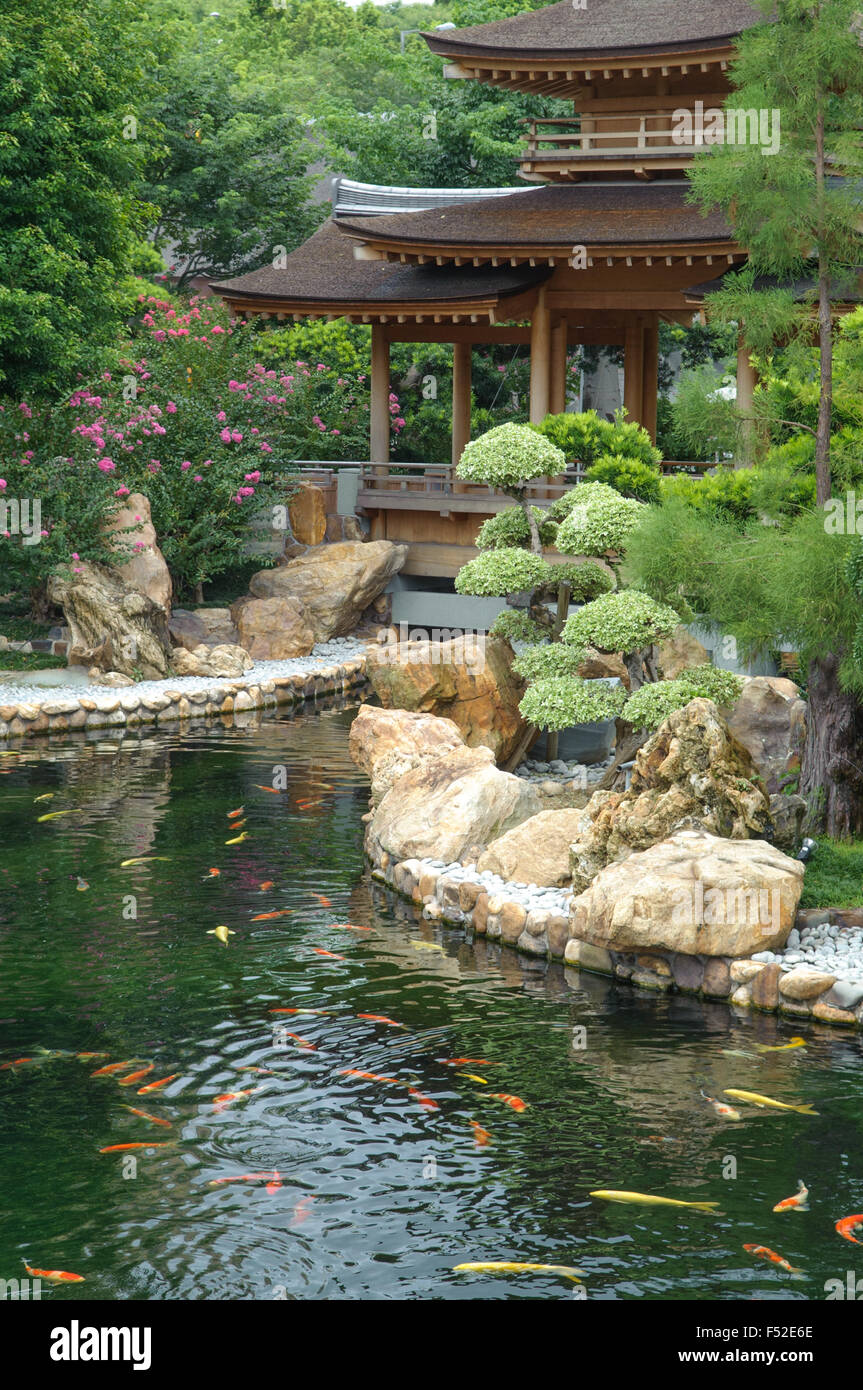 Song Cha Zie building overlooking blue pond, in Nan Lin Garden, Kowloon ...