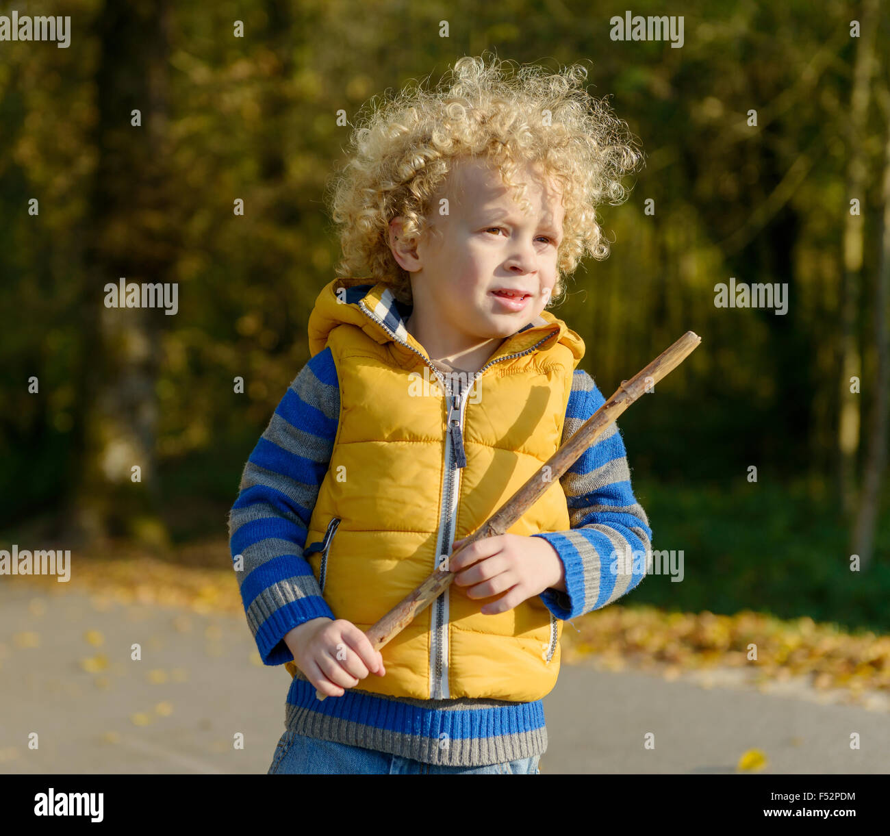 a little blond boy playing with a stick, outside Stock Photo - Alamy