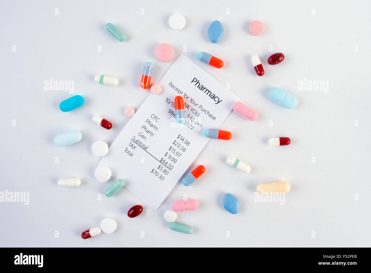 Assorted tablets and capsules with pharmacy receipt Stock Photo - Alamy