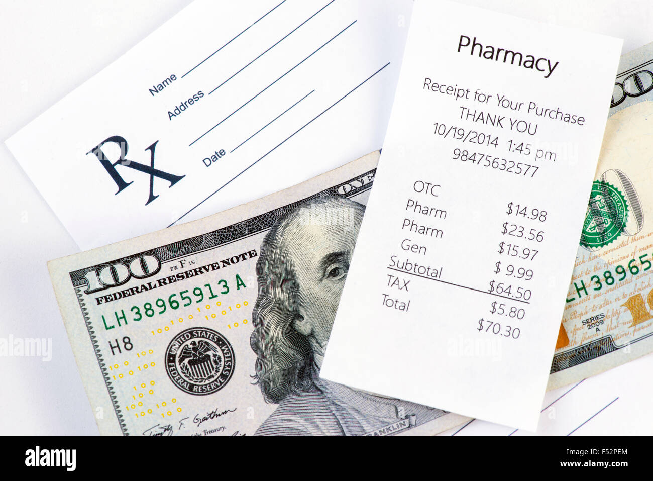 Receipt for pharmacy purchase with prescription and one hundred dollar ...