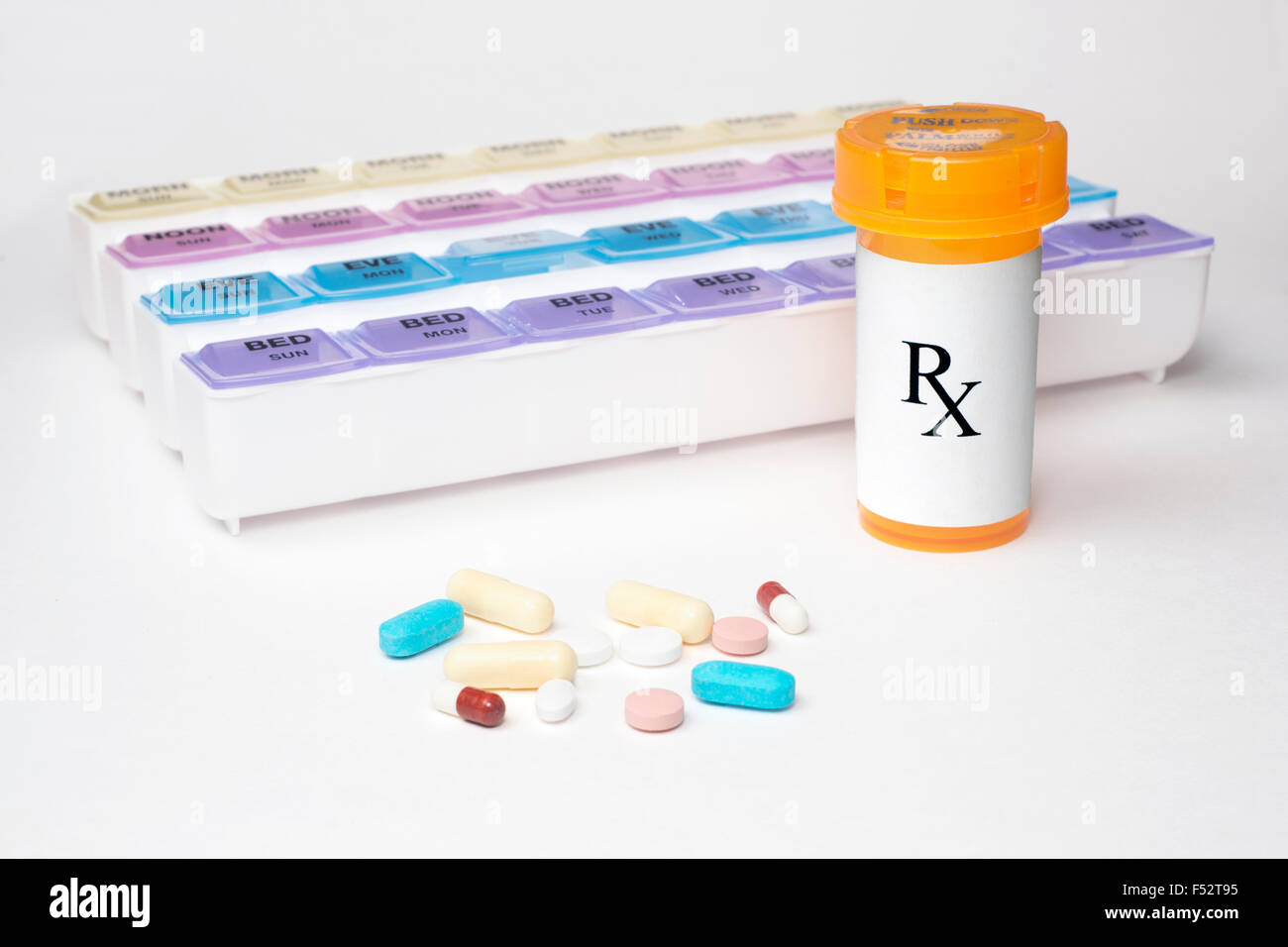 Daily medication dispenser with pills and prescription bottle Stock ...