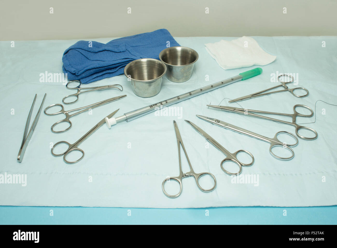 Trocar catheter used for thoracostomy on sterile table prior to surgery ...