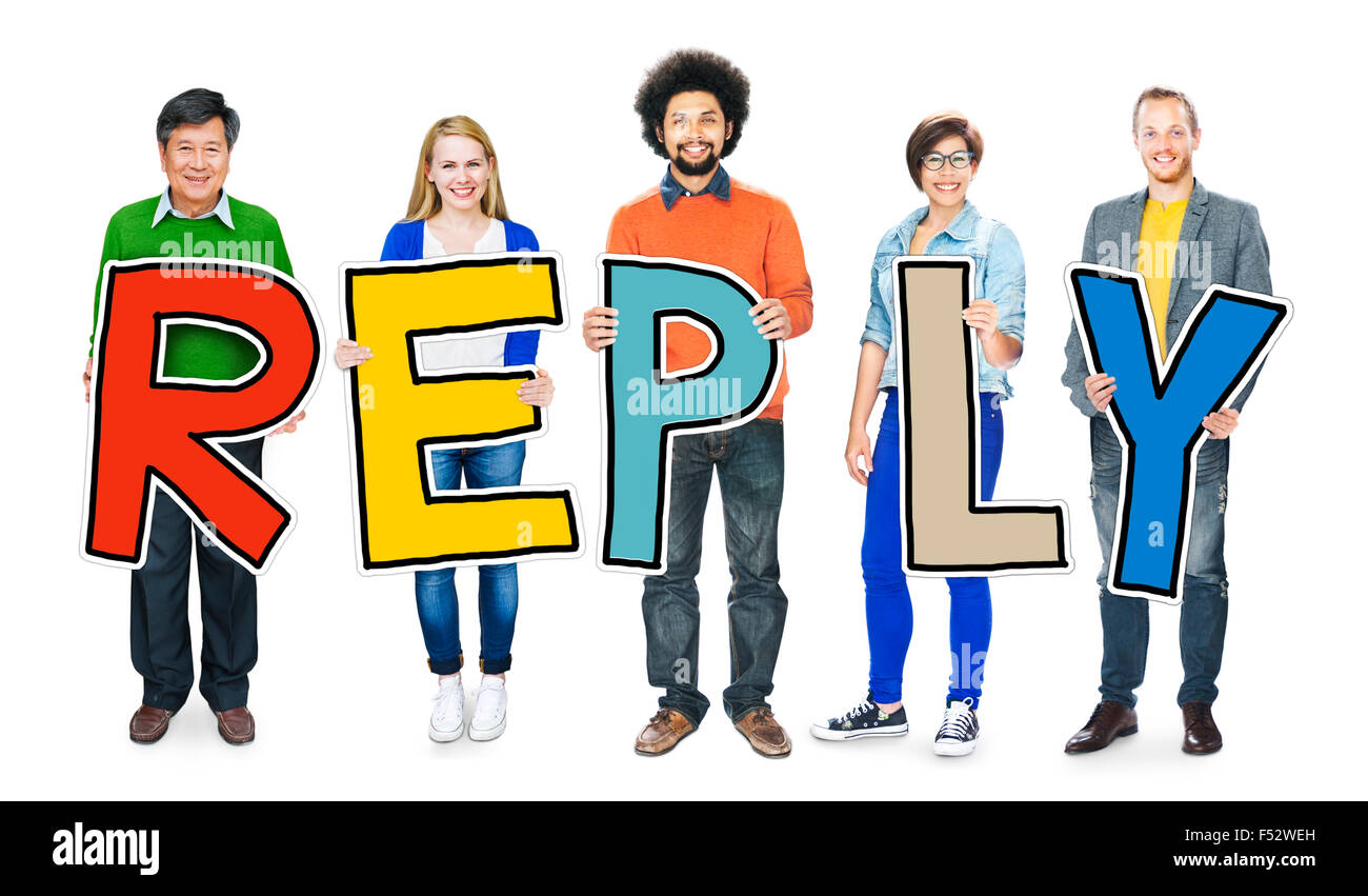 Multiethnic Group of People Holding Word Reply Stock Photo - Alamy