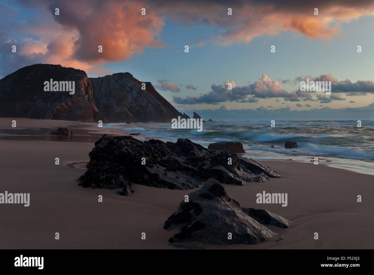 Adraga, beach, rock, sundown, surf, coast, sea, the Atlantic Stock ...