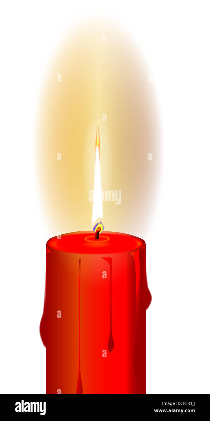 A red burning candle in the foreground against a white background Stock ...