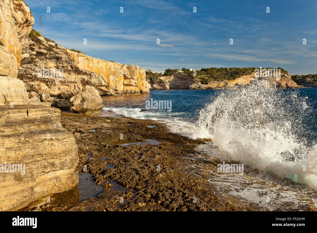 Europe, Spain, Majorca, Cala Llombards, surf, rocky cliff, rock caves ...