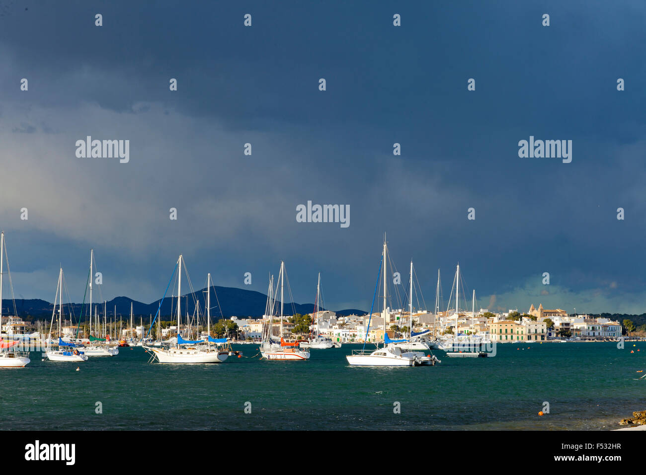 Europe, Spain, Majorca, fishing village Porto Colom, harbour Stock ...