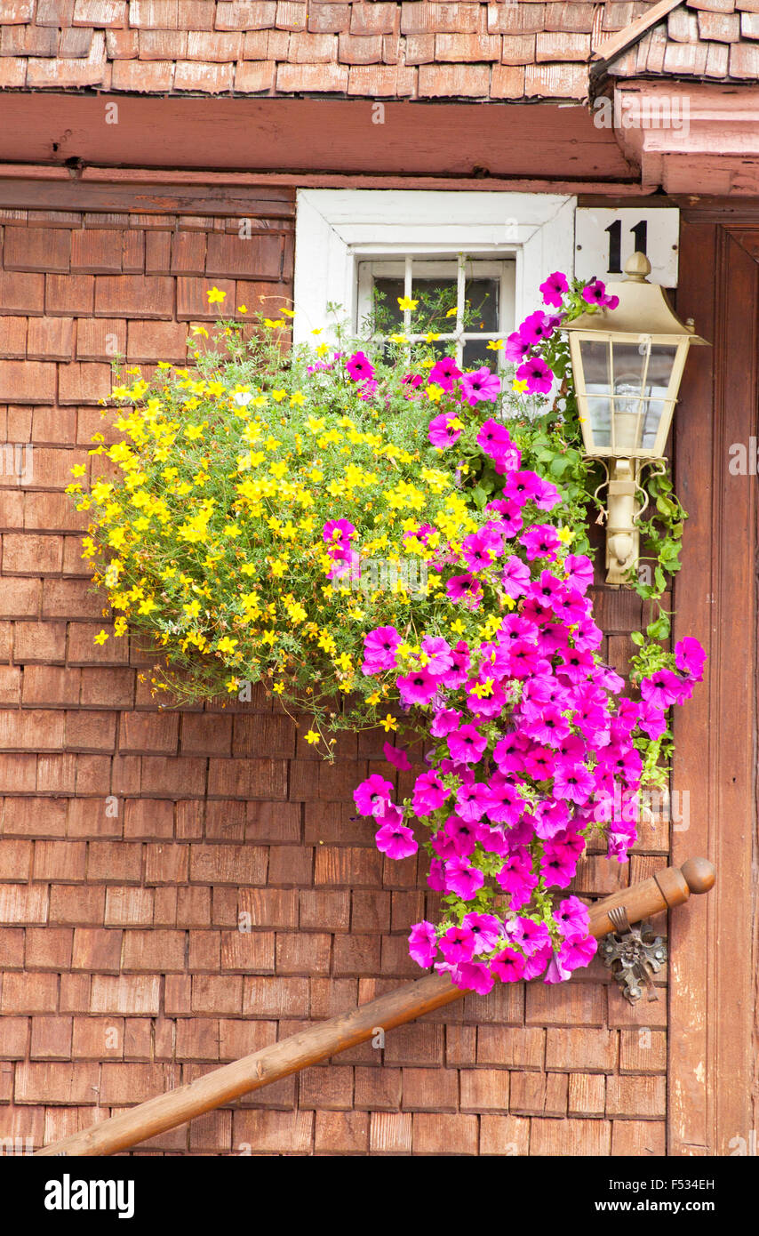 wooden house, facade, shingles, floral decoration Stock Photo - Alamy