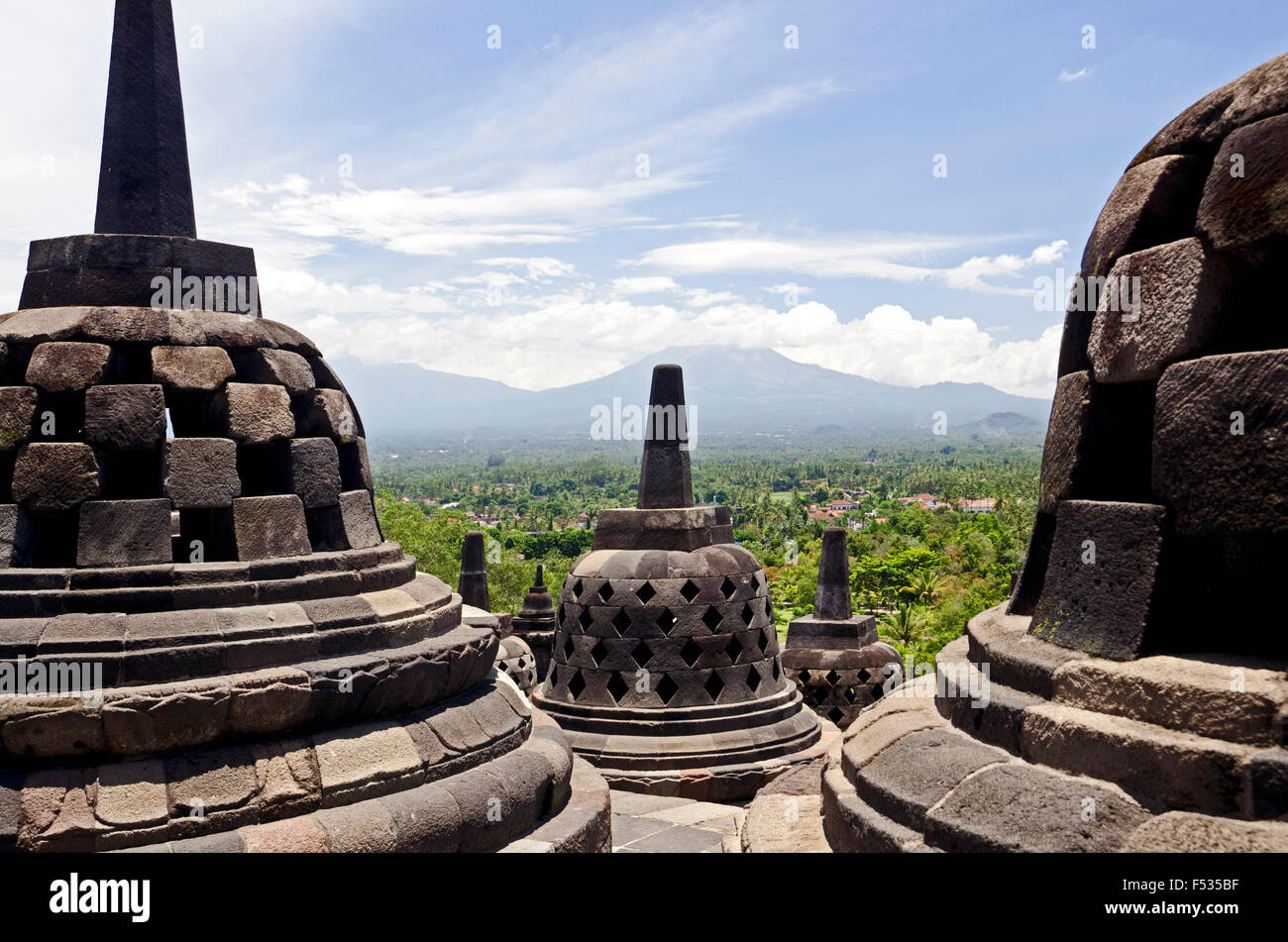Java, temple complex of Borobodur, volcanic landscape Stock Photo - Alamy