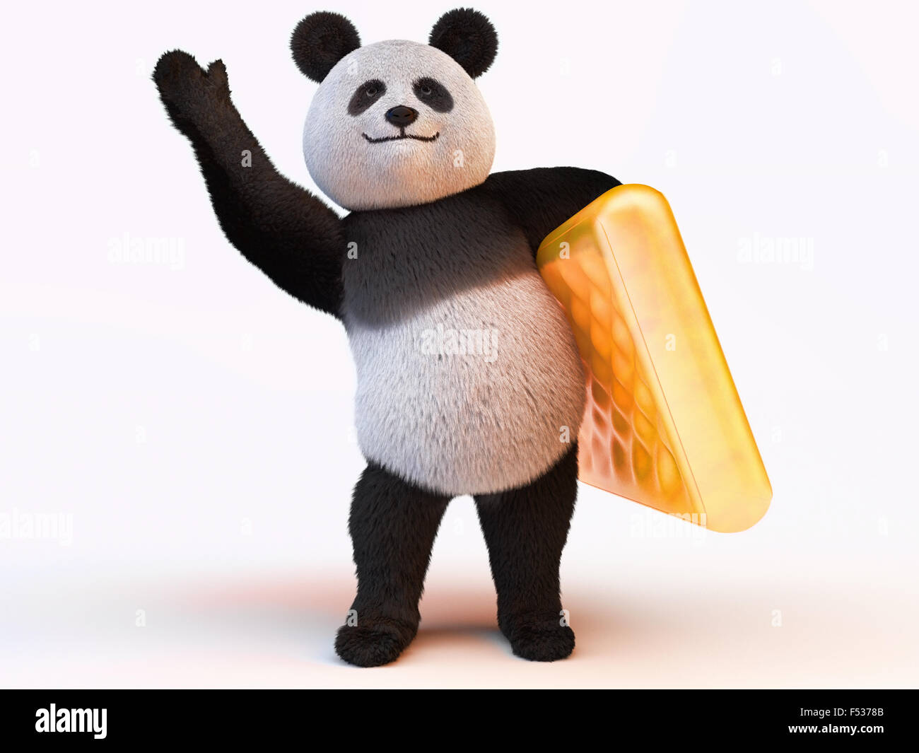 fuzzy panda stands on two legs and holding the left leg orange ...