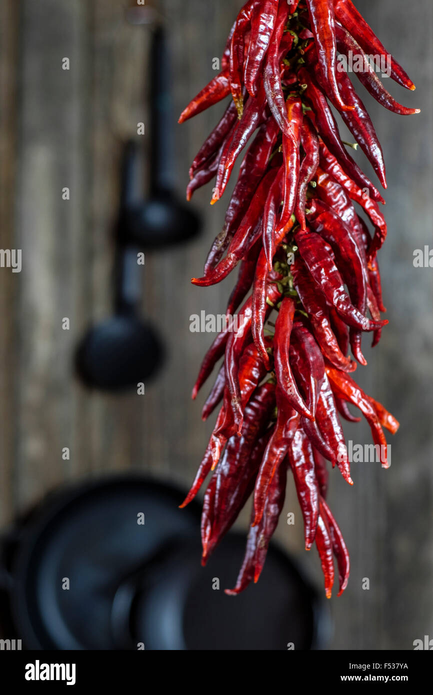dried chillipods hang infront of wooden wall with culinary utensils ...