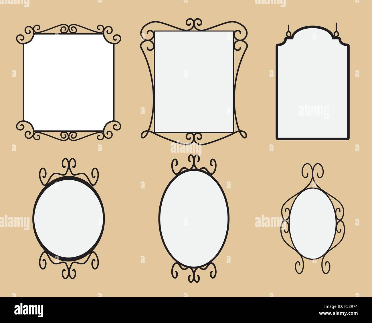 Mirror and picture frame with black curved steel border in retro style ...