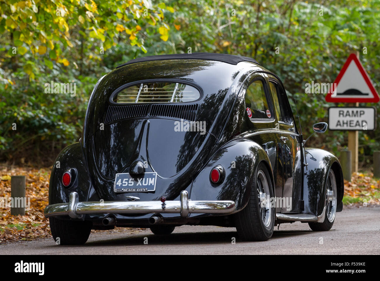 Black Volkswagen Beetle driving down a tree lined country lane Stock ...