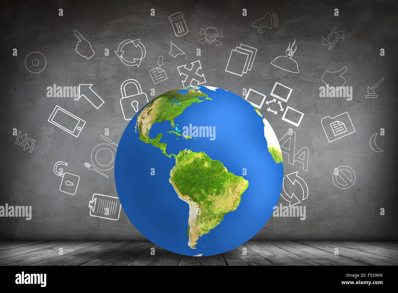 Colorful earth and icons on the wall in the gray room. Elements of this ...