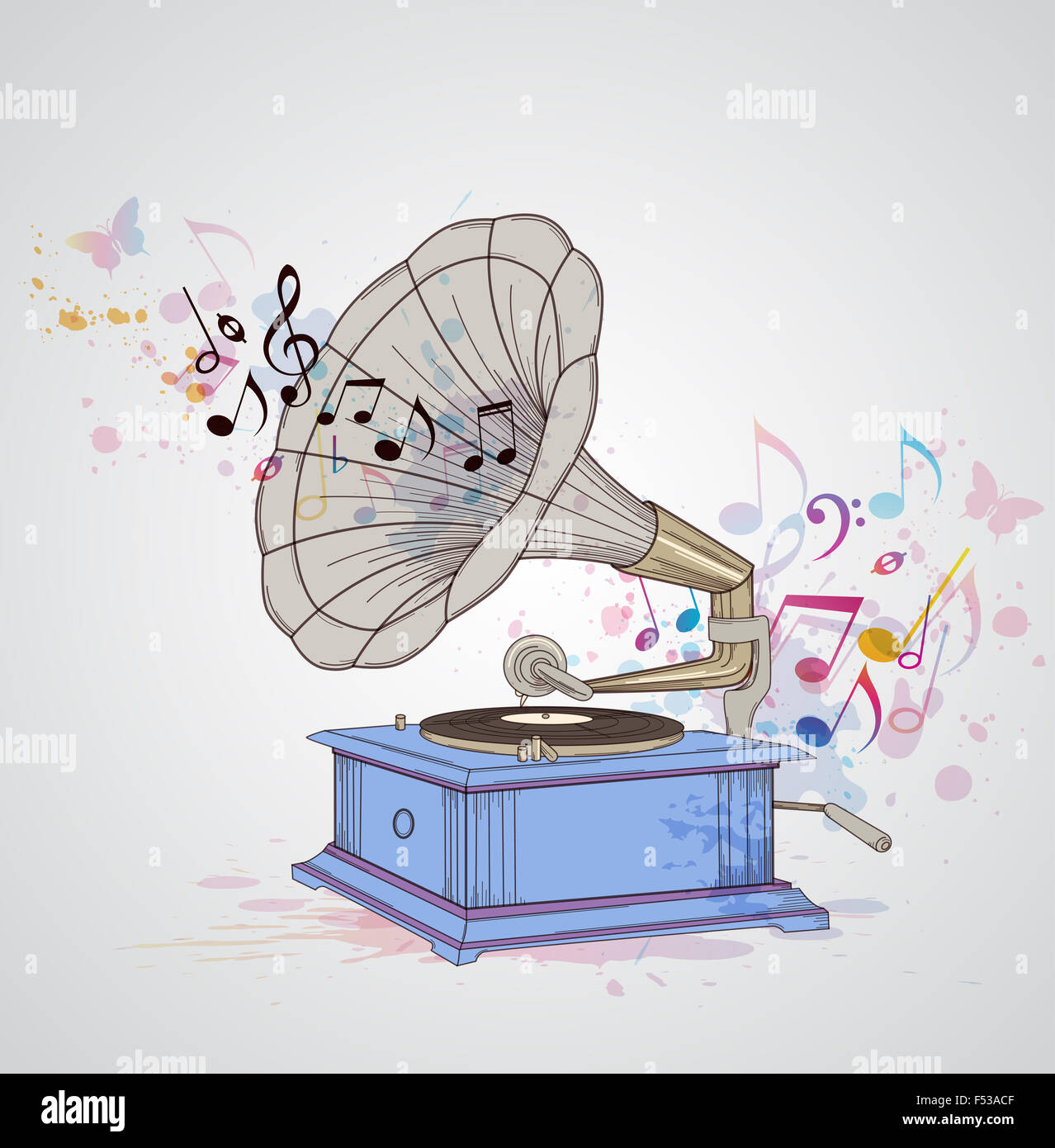 Retro music background with gramophone and notes Stock Photo - Alamy