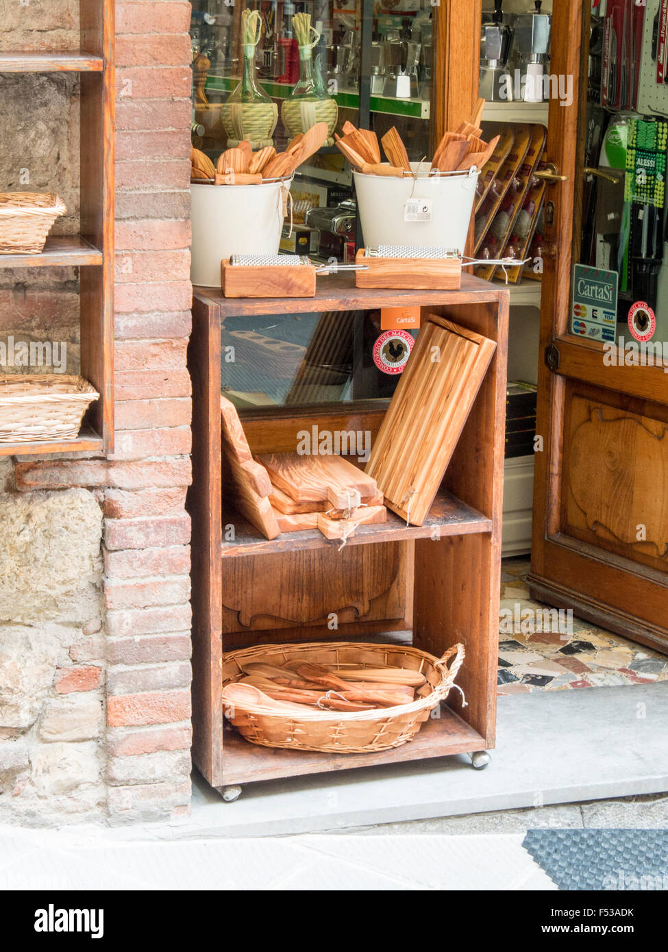 Europe, Italy, Tuscany. Storefront in the town of Radda in Chianti ...