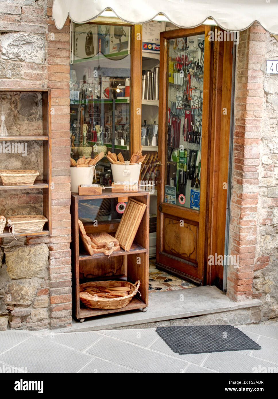 Europe, Italy, Tuscany. Storefront in the town of Radda in Chianti ...