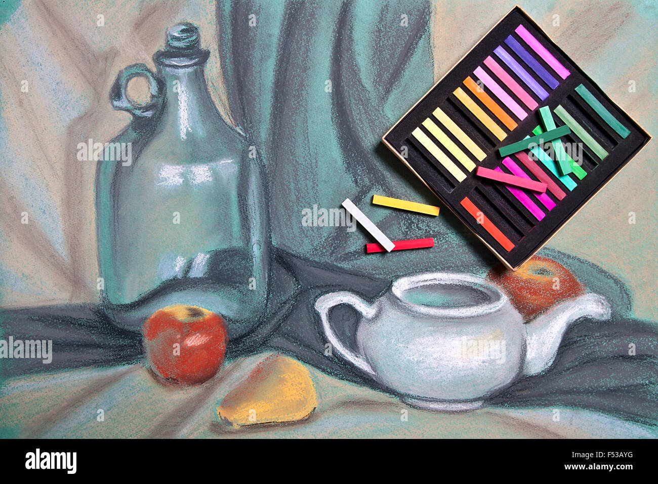 Artist chalk pastels and original pastel drawing of still life on the ...