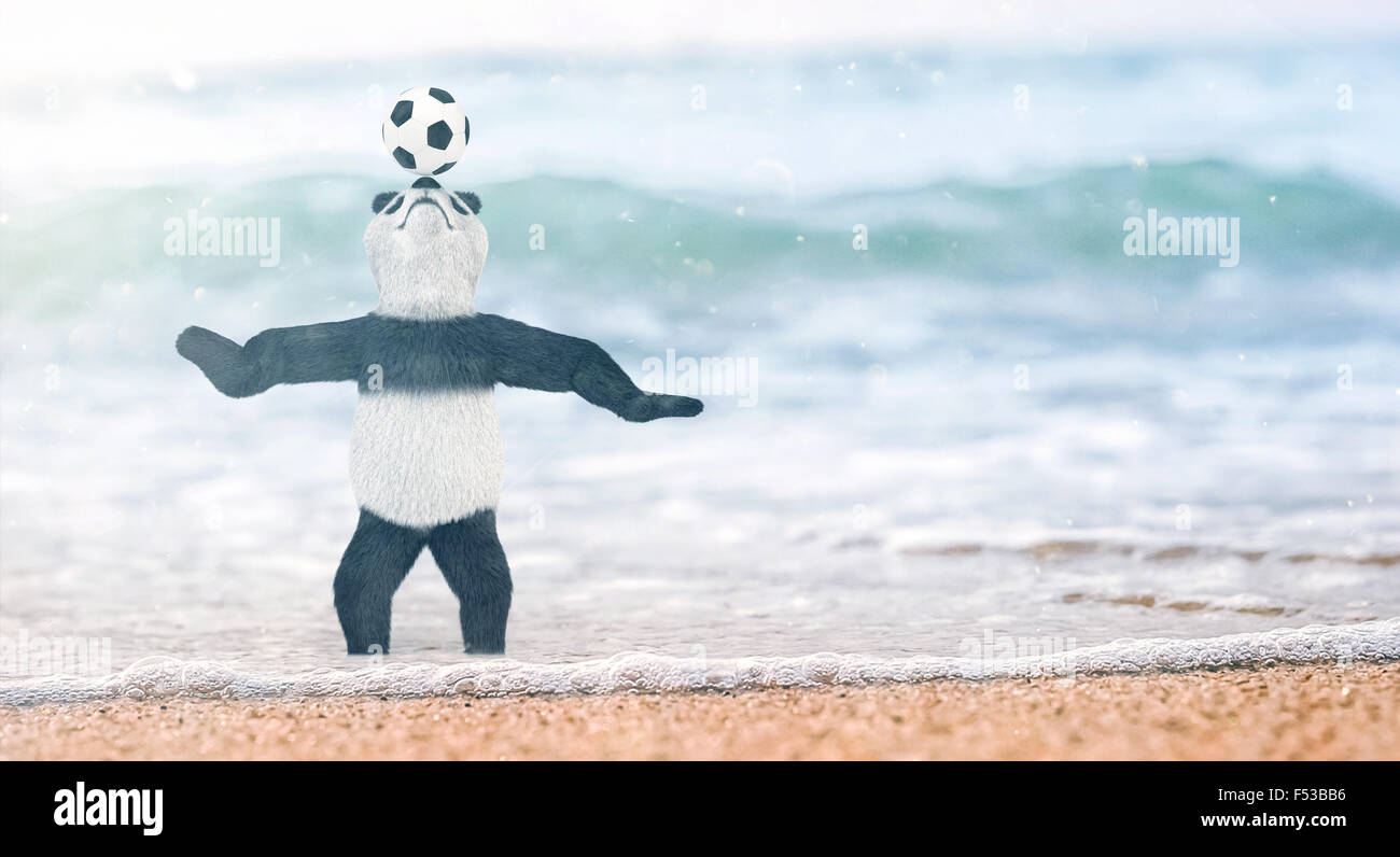 miniature circus bamboo panda teddy bear stands on beach Gulf of Siam ...
