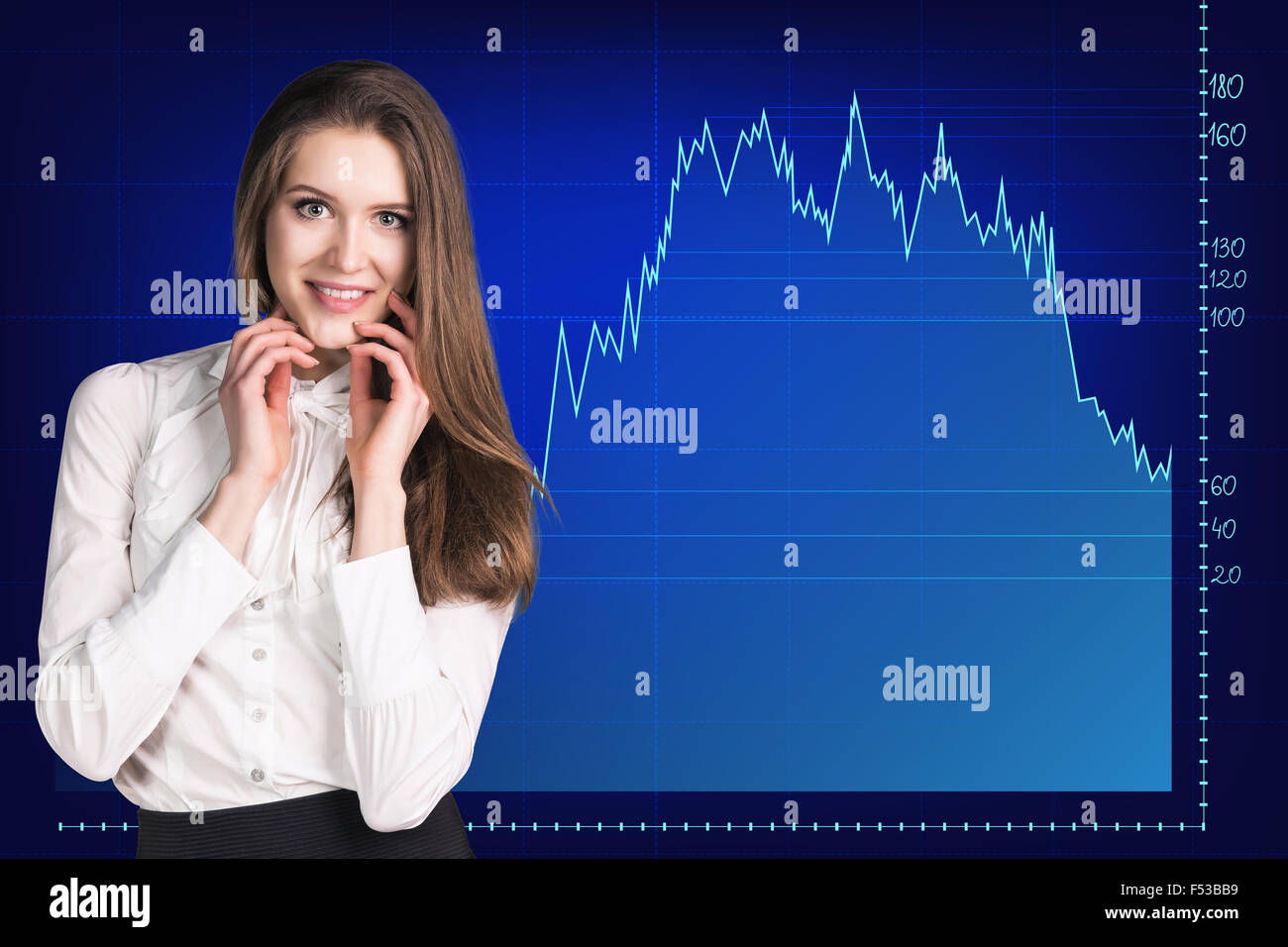Beautiful business woman stands on the big graph background Stock Photo - Alamy
