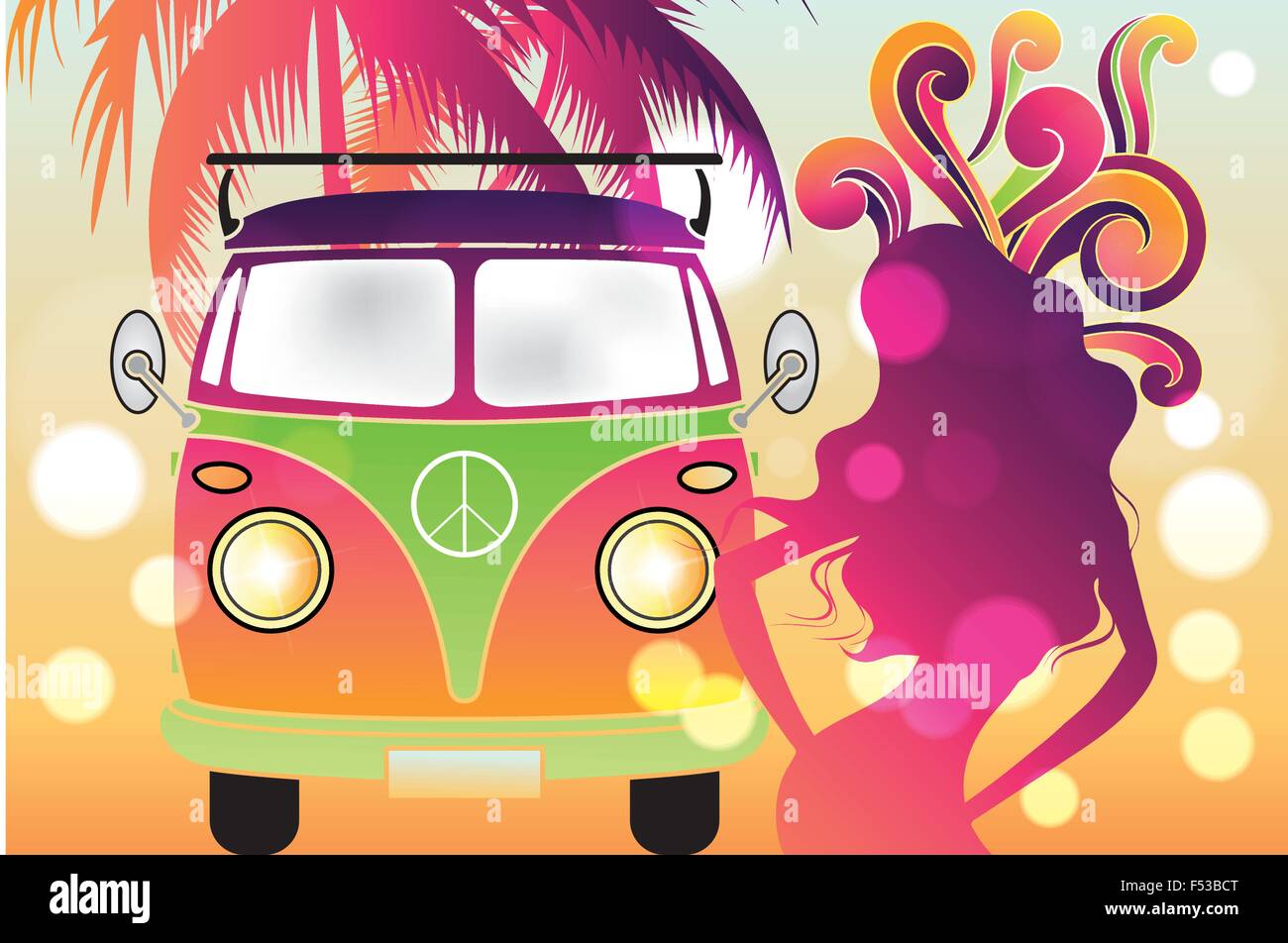 Retro flower power design with retro car, swirls and abstract ...
