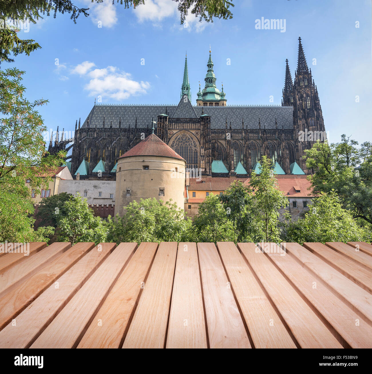 Empty wooden platform and view of old castle Stock Photo - Alamy