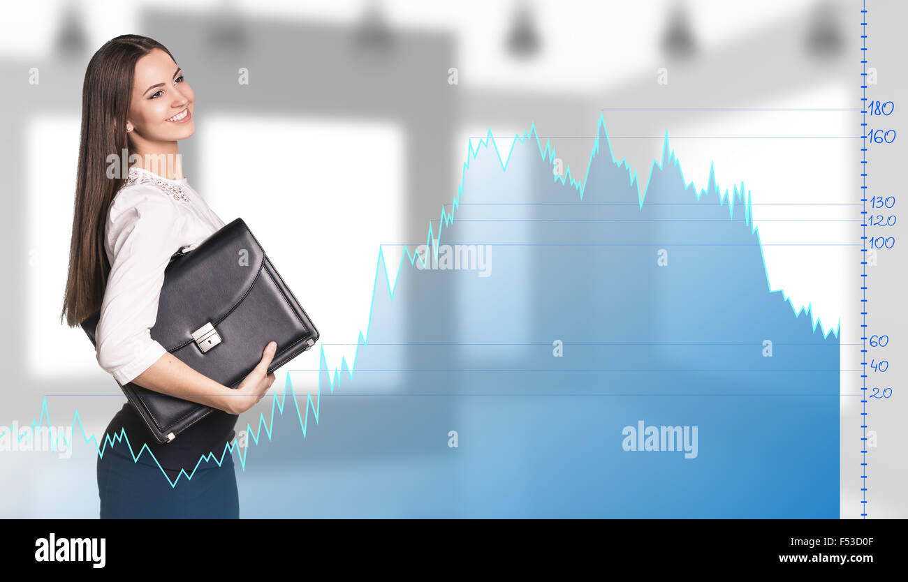 Beautiful business woman stands behind the big graph on the office ...