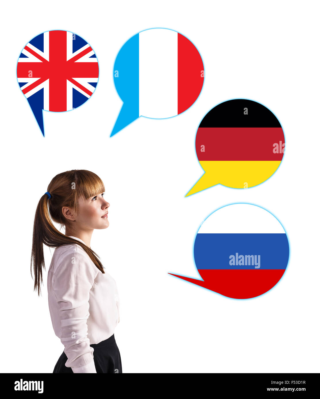 Young girl surrounded by dialogue bubbles with countries flags. Germany ...