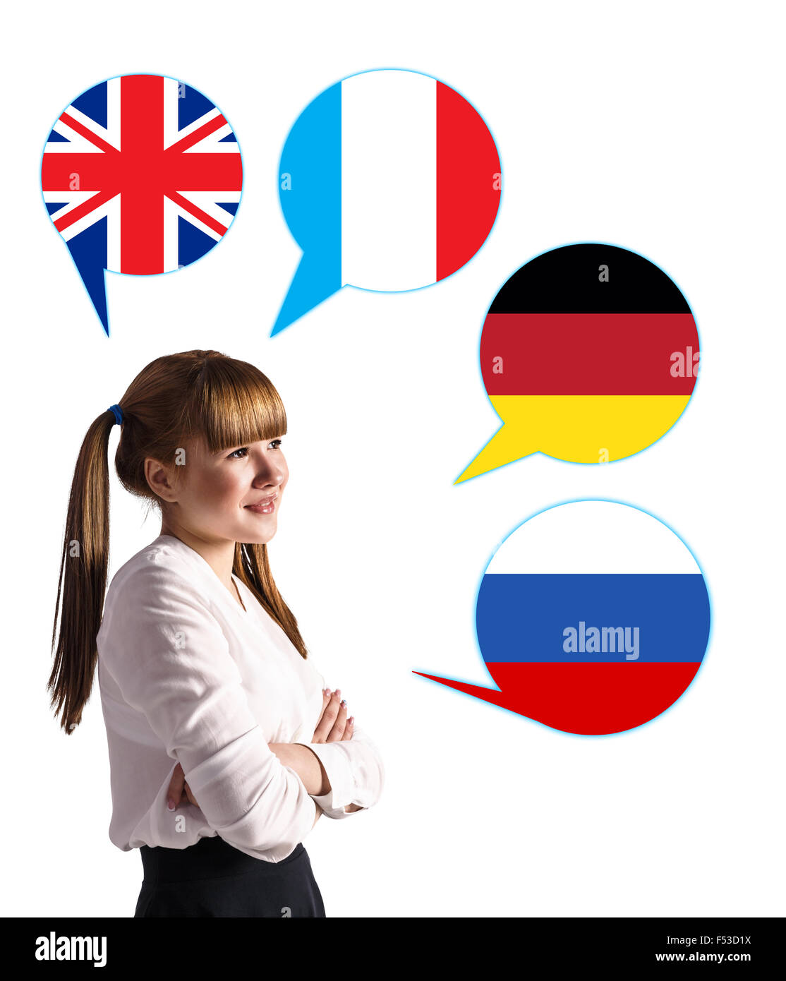 Young girl surrounded by dialogue bubbles with countries flags. Germany ...