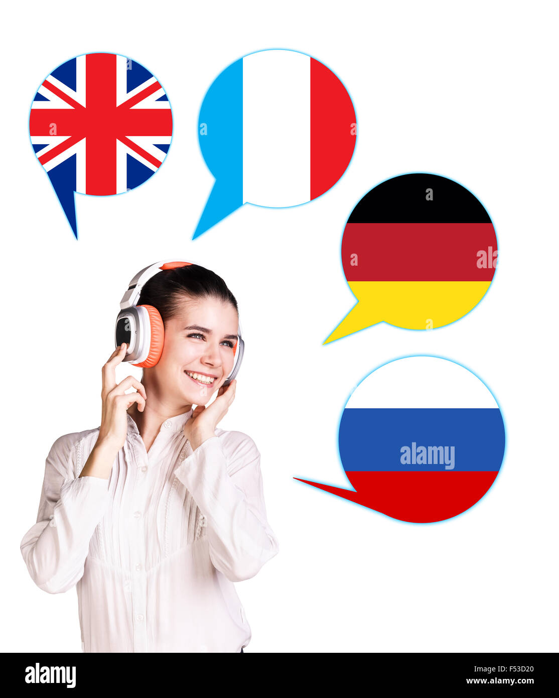 Young woman surrounded by dialogue bubbles with countries flags ...