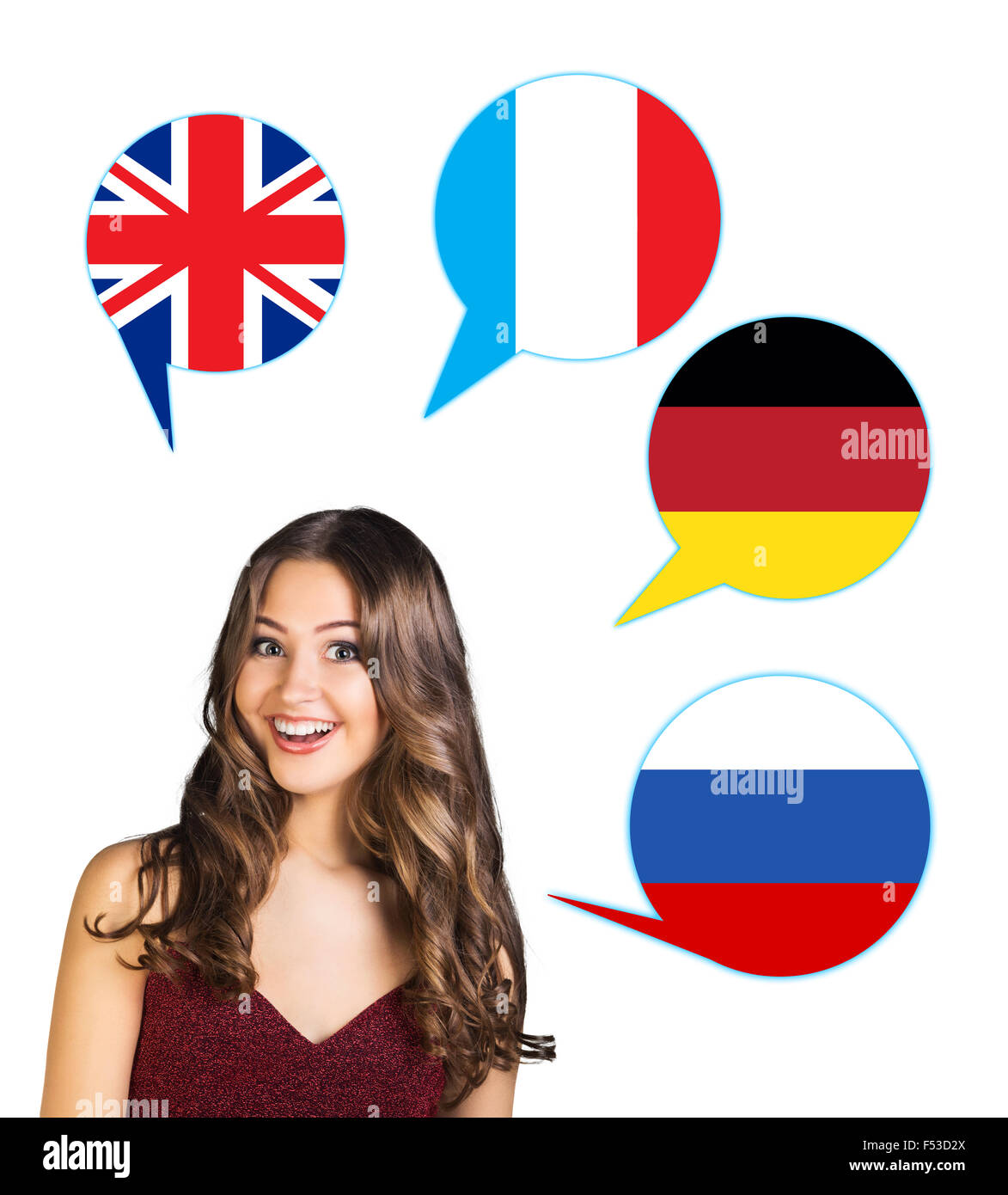 Young woman surrounded by dialogue bubbles with countries flags ...