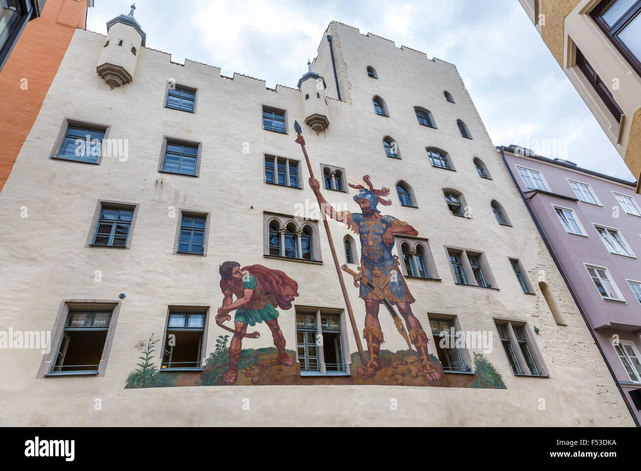 David and Goliath mural on building wall, Regensburg, Bavaria, Germany ...