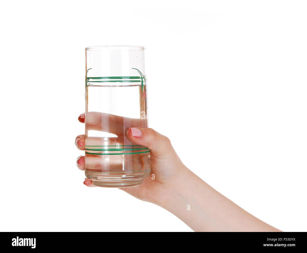 A woman's hand holding a glass of water, isolated for white background ...