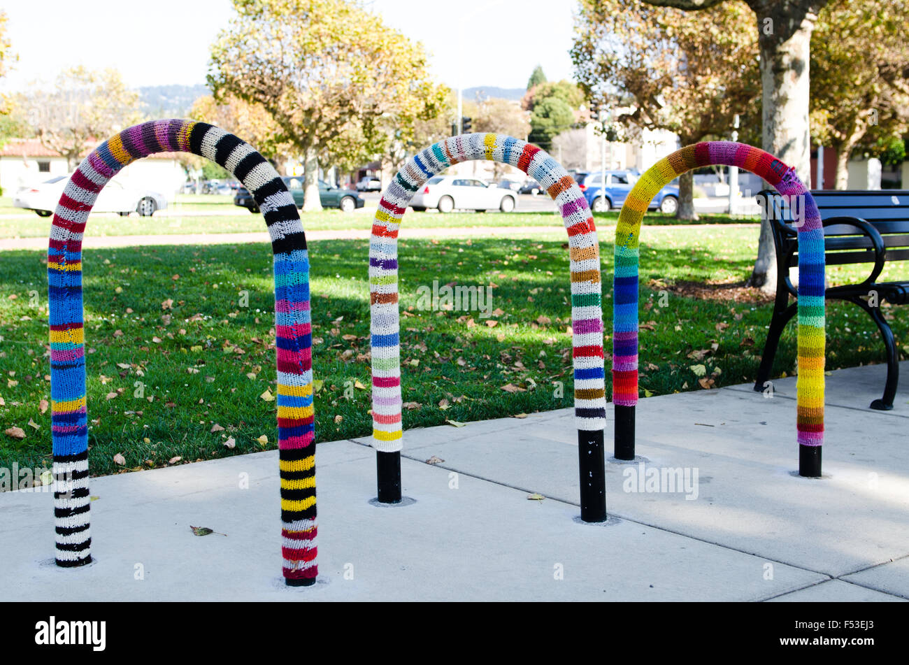 crocheted bike security rails, San Francisco, california Stock Photo ...